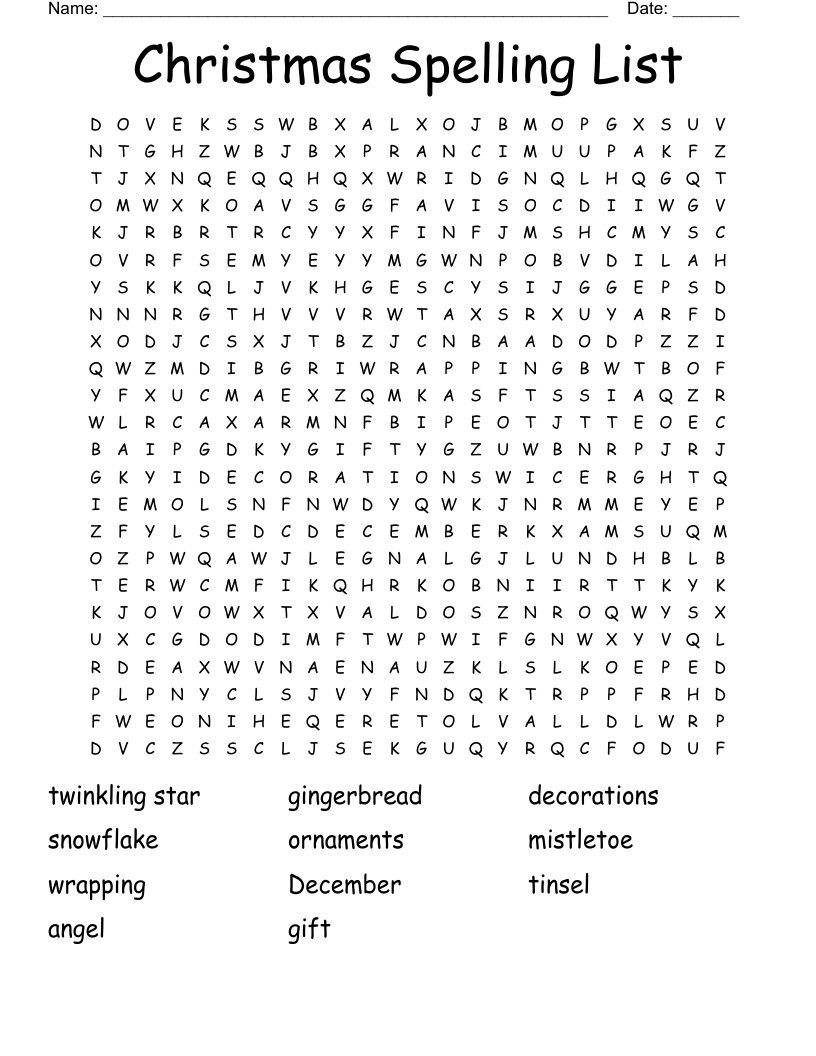 Christmas Spelling List Word Search - WordMint