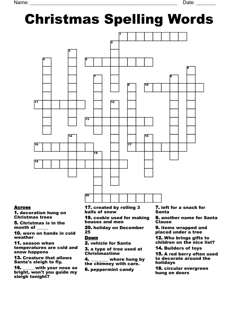 Christmas Spelling Words Crossword - WordMint