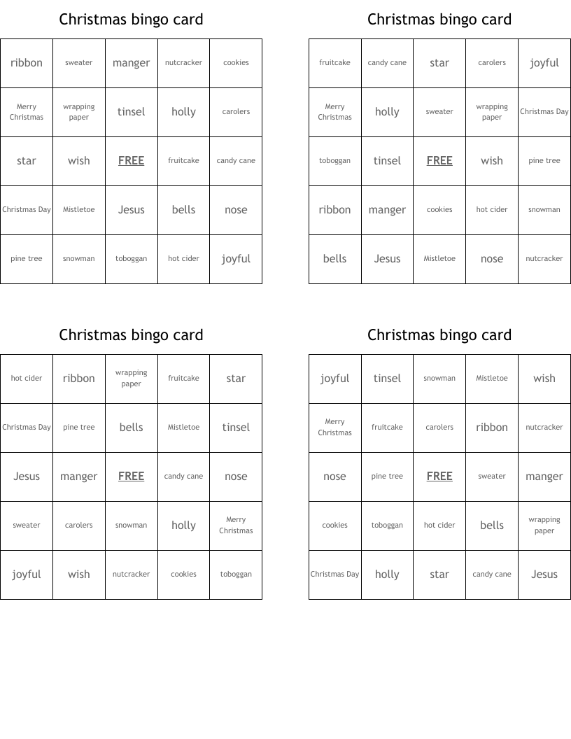 Christmas bingo card - WordMint