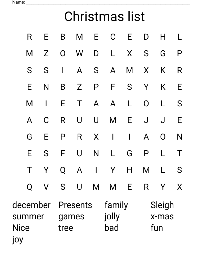 Christmas list Word Search - WordMint