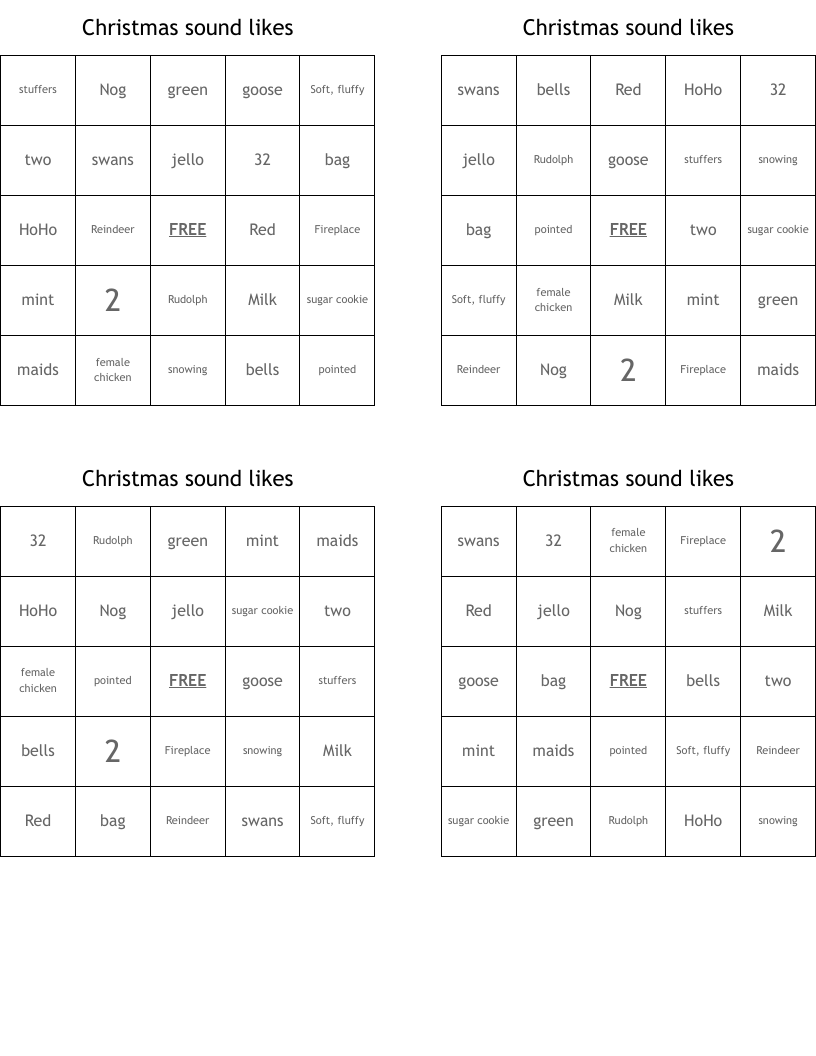 Christmas sound likes Bingo Cards - WordMint