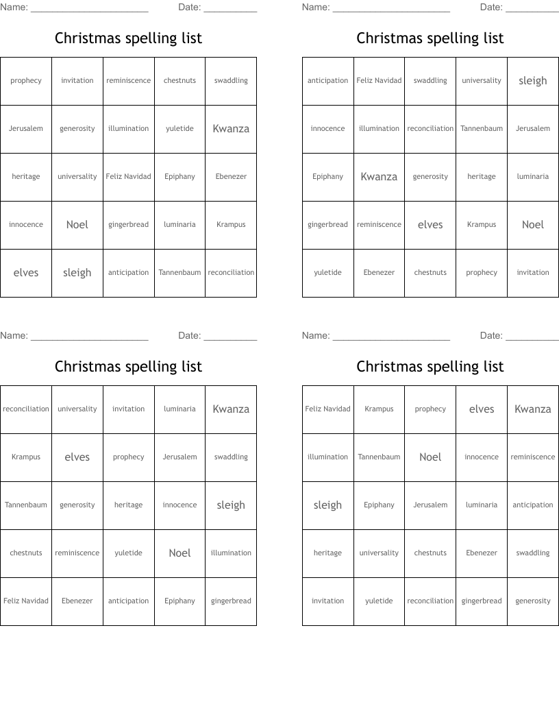 Christmas Spelling List Bingo Cards WordMint christmas-spelling-list-bingo-cards-wordmint