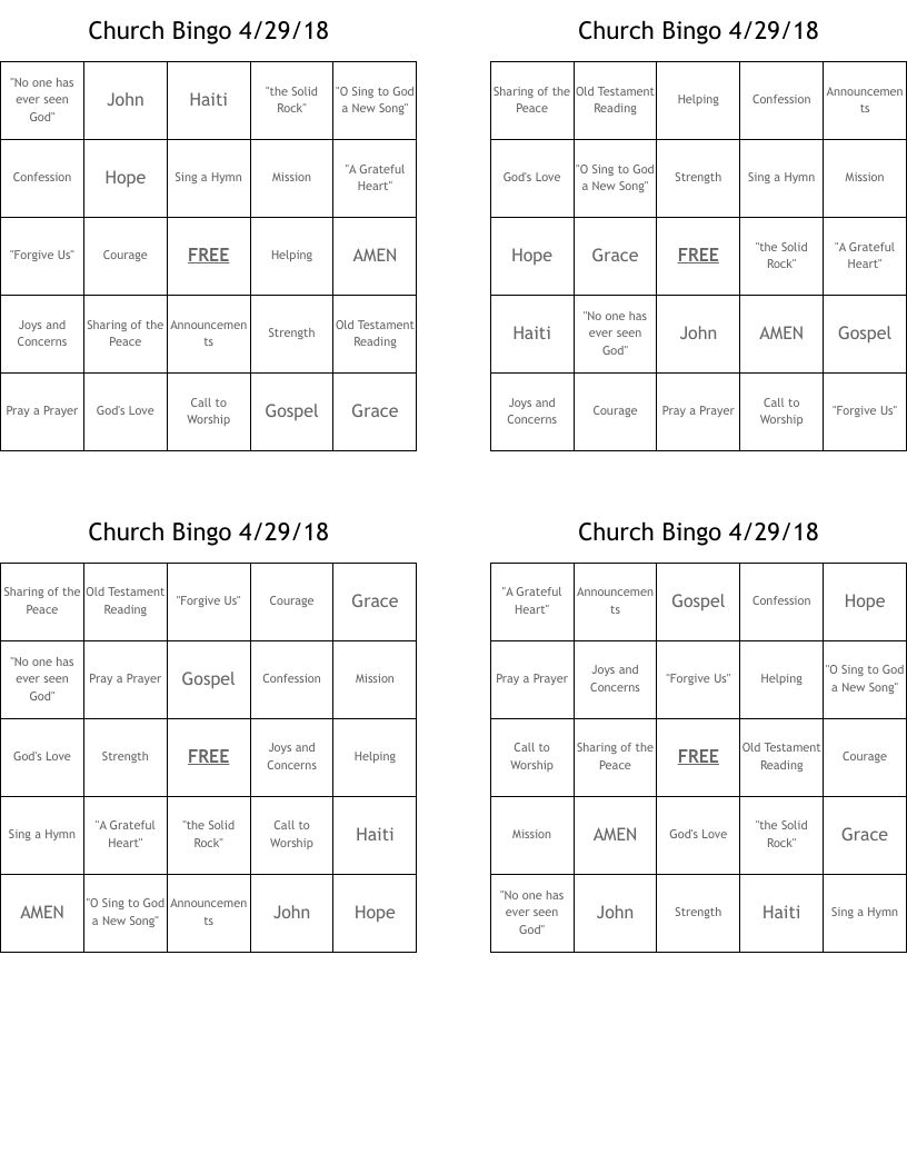 Church Bingo 4/29/18 - WordMint