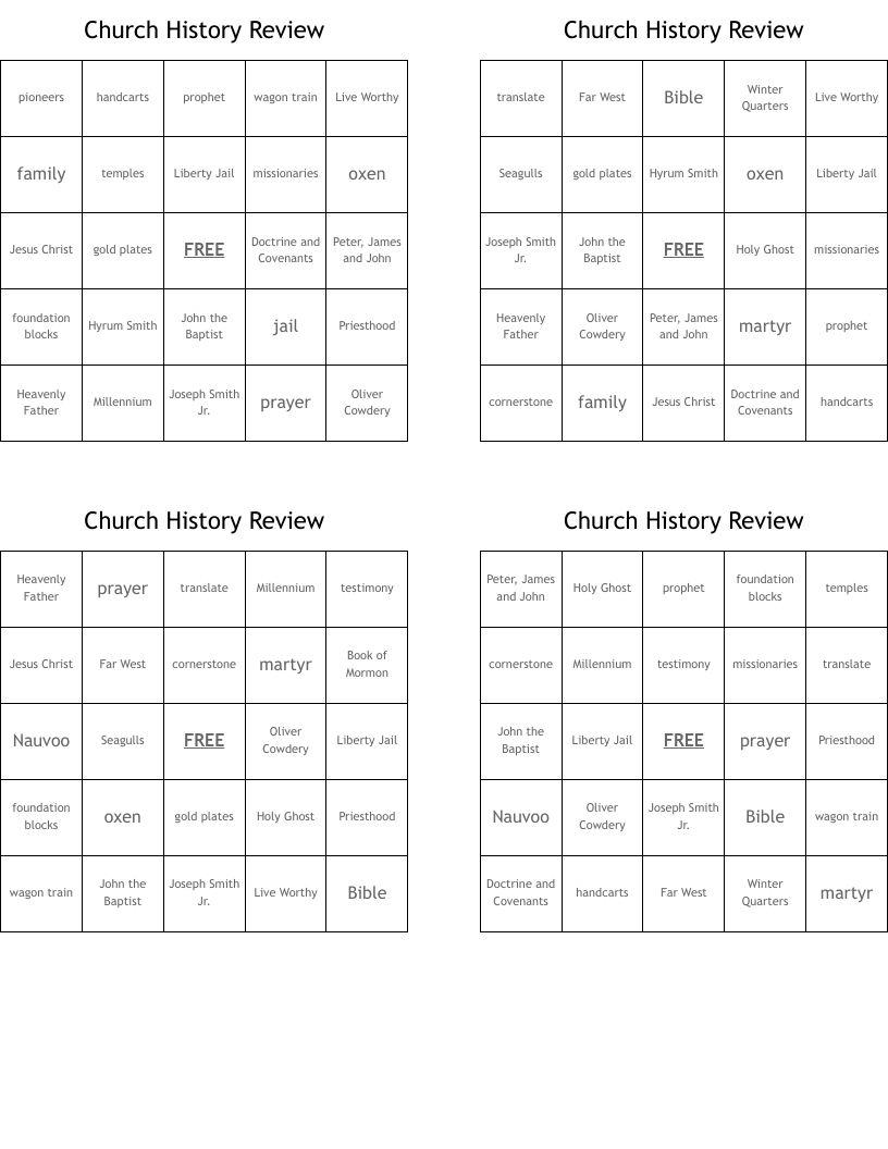 Church History Review Bingo Cards WordMint