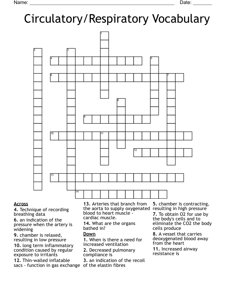 Circulatory/Respiratory Vocabulary Crossword - WordMint