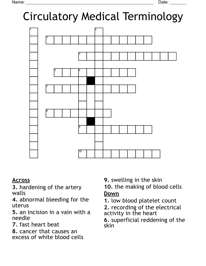 Circulatory Medical Terminology Crossword - WordMint