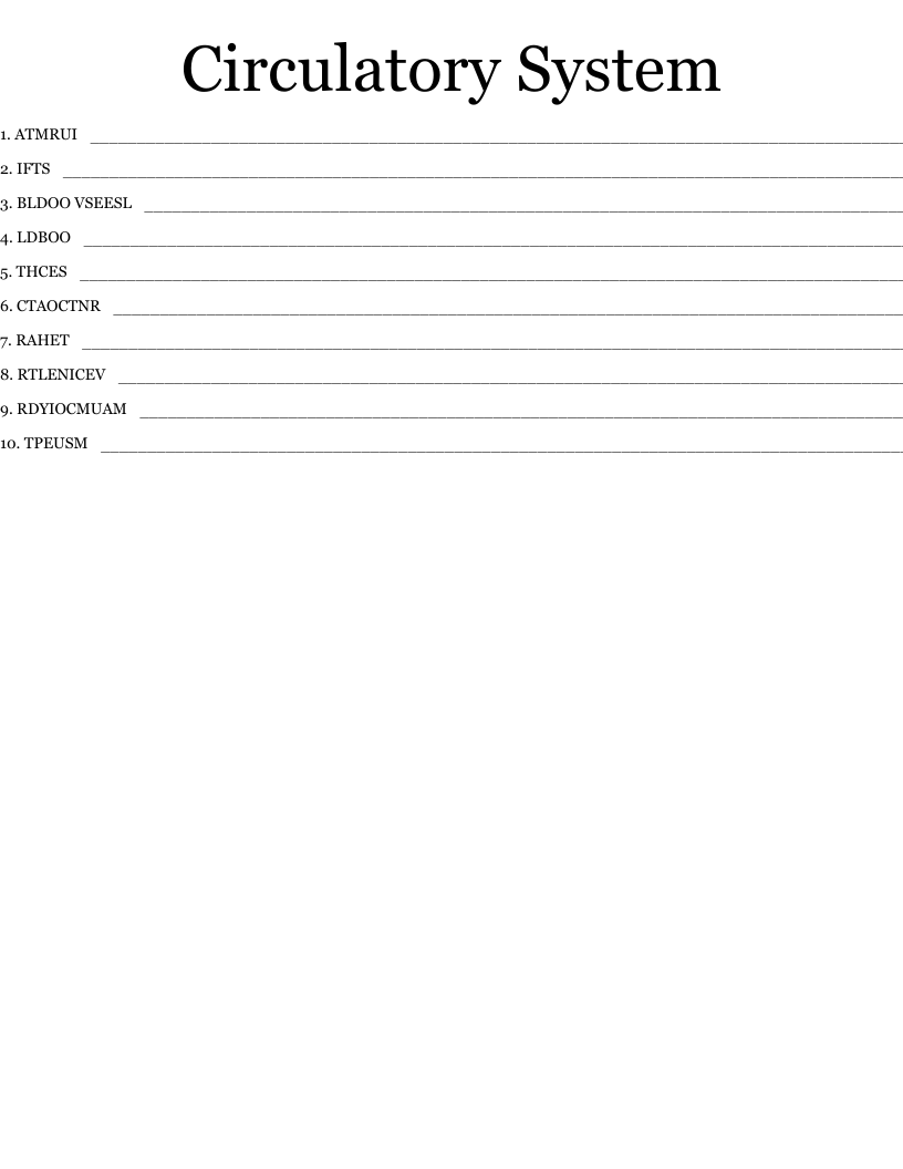 Circulatory System Word Scramble - WordMint