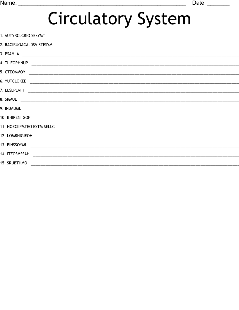 Circulatory System Word Scramble - WordMint