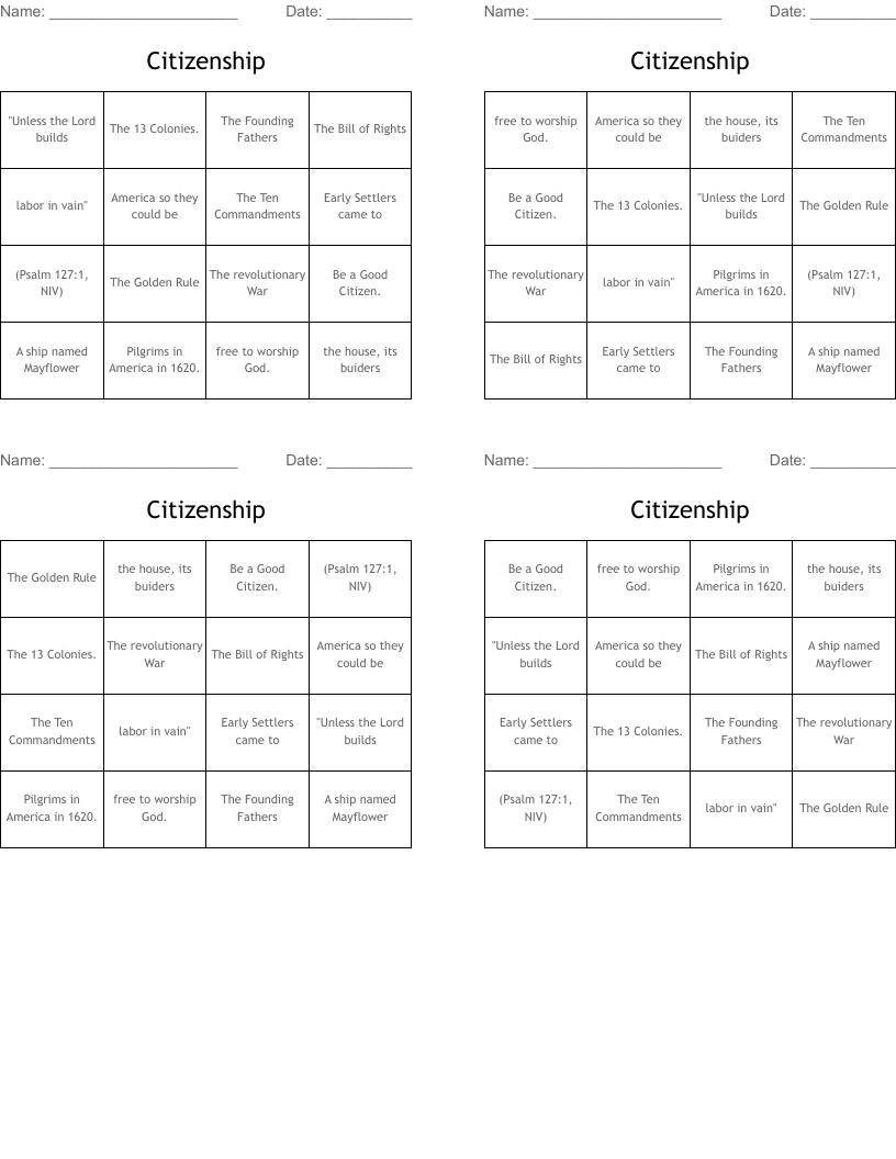 Citizenship Bingo Cards - WordMint