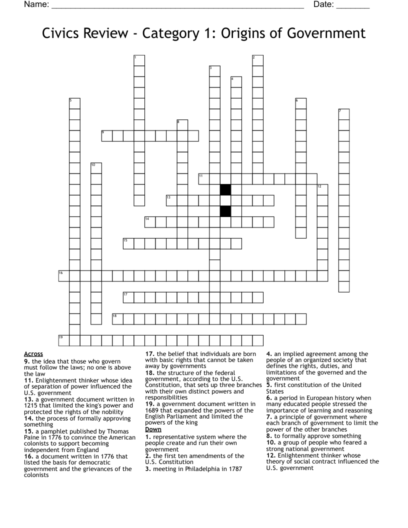 Civics Review - Category 1: Origins of Government Crossword - WordMint