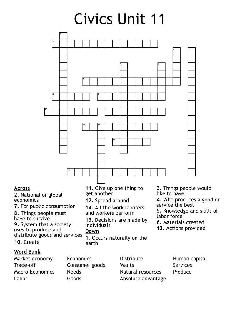 Civics Unit 11 Crossword - WordMint