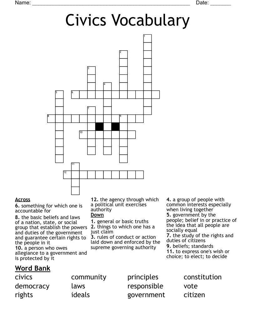 Civics Vocabulary Crossword - WordMint