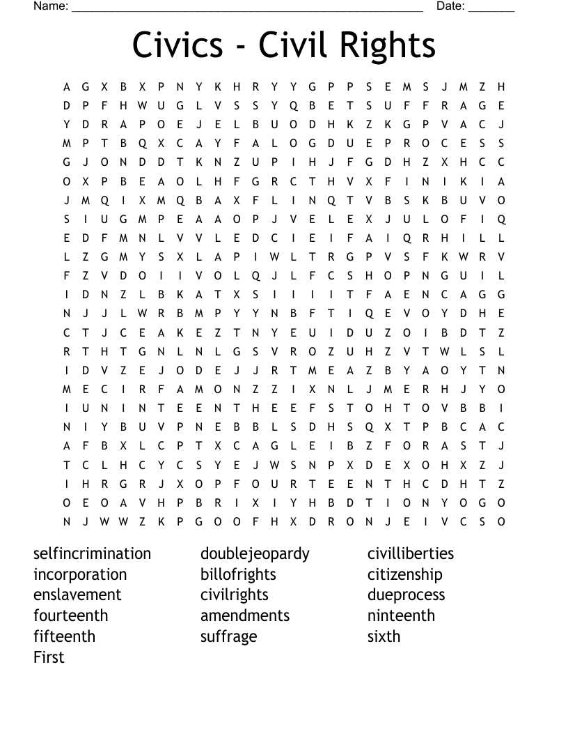 Civics - Civil Rights Word Search - WordMint