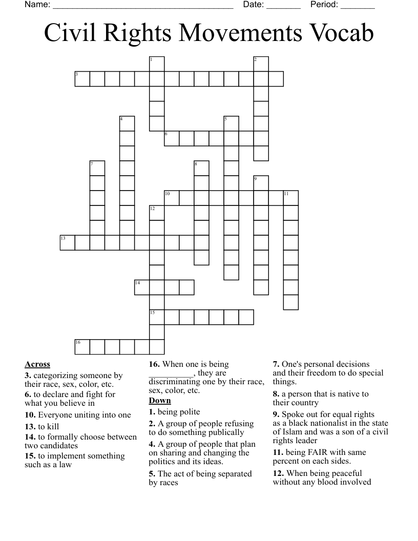 Civil Rights Movements Vocab Crossword - WordMint