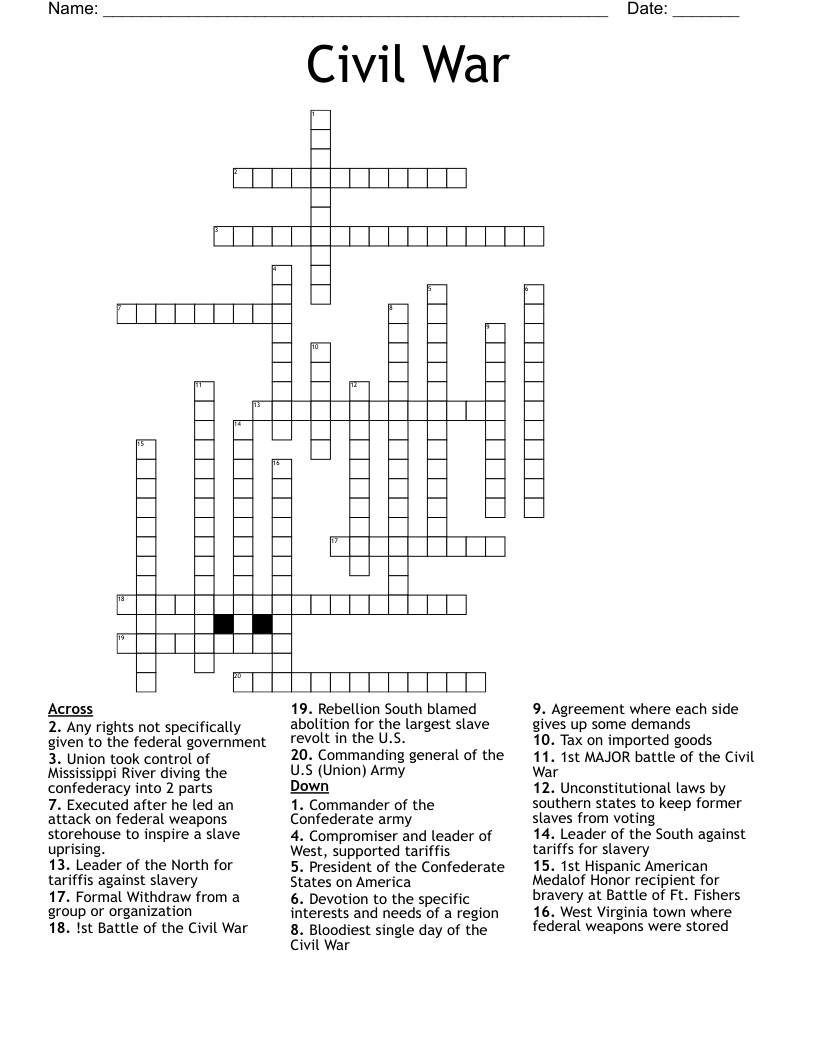 Civil War Crossword - WordMint