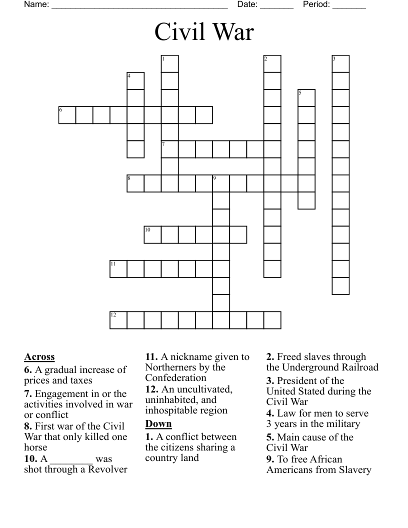 Civil War Crossword - WordMint
