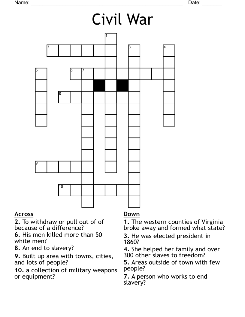 Civil War Crossword - WordMint