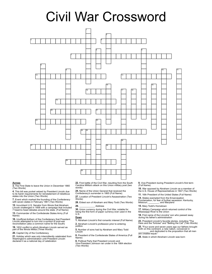 Civil War Crossword - WordMint