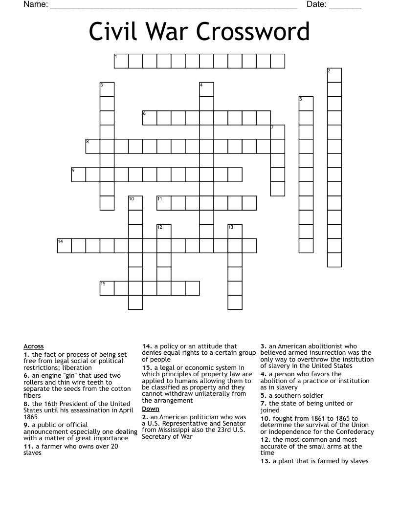 Civil War Crossword - WordMint