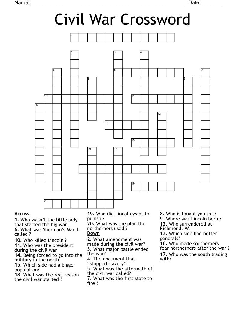 Civil War Crossword - WordMint