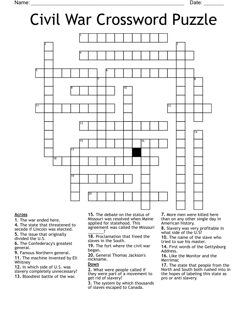 Civil War Crossword Puzzle - WordMint