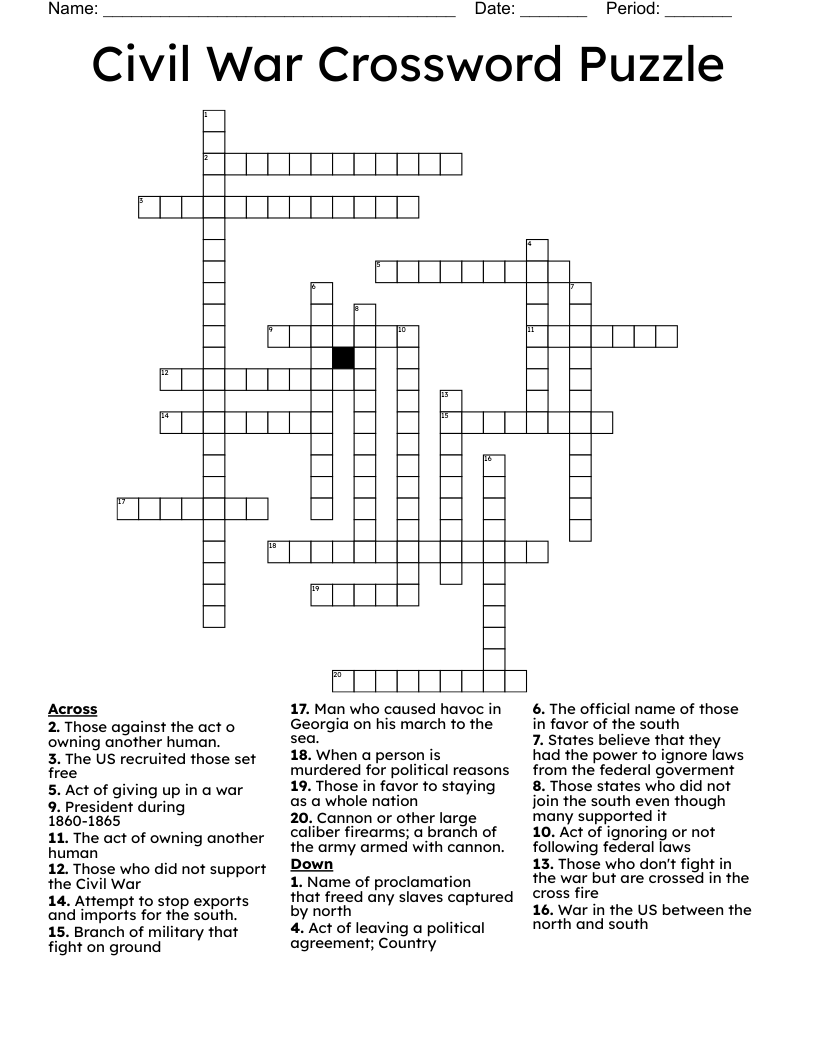 Civil War Crossword Puzzle - WordMint