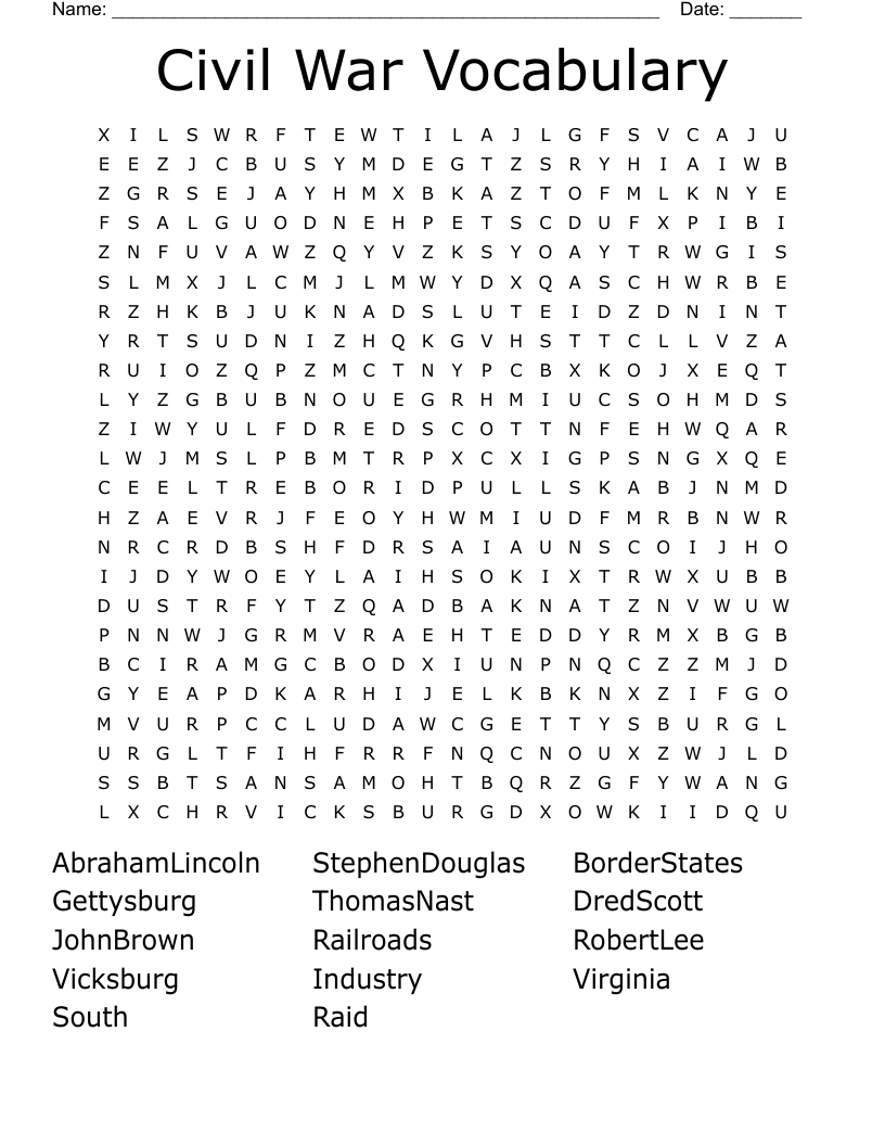 Civil War Vocabulary Word Search WordMint