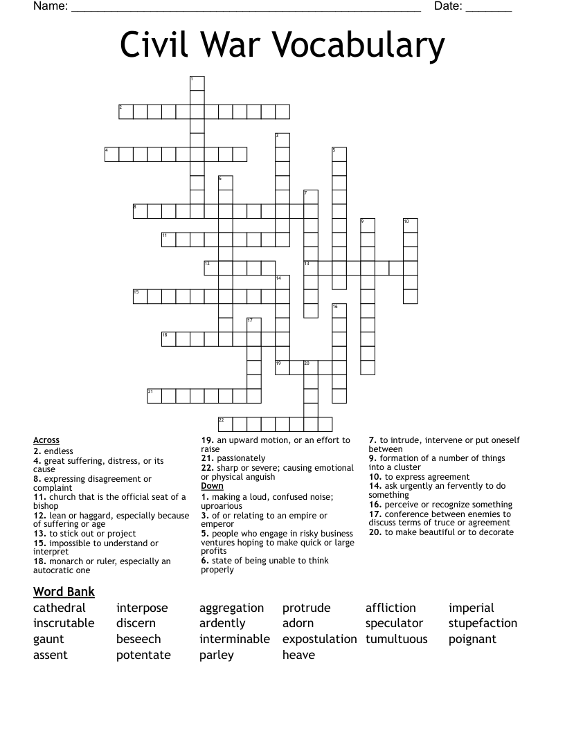 Civil War Vocabulary Crossword - WordMint