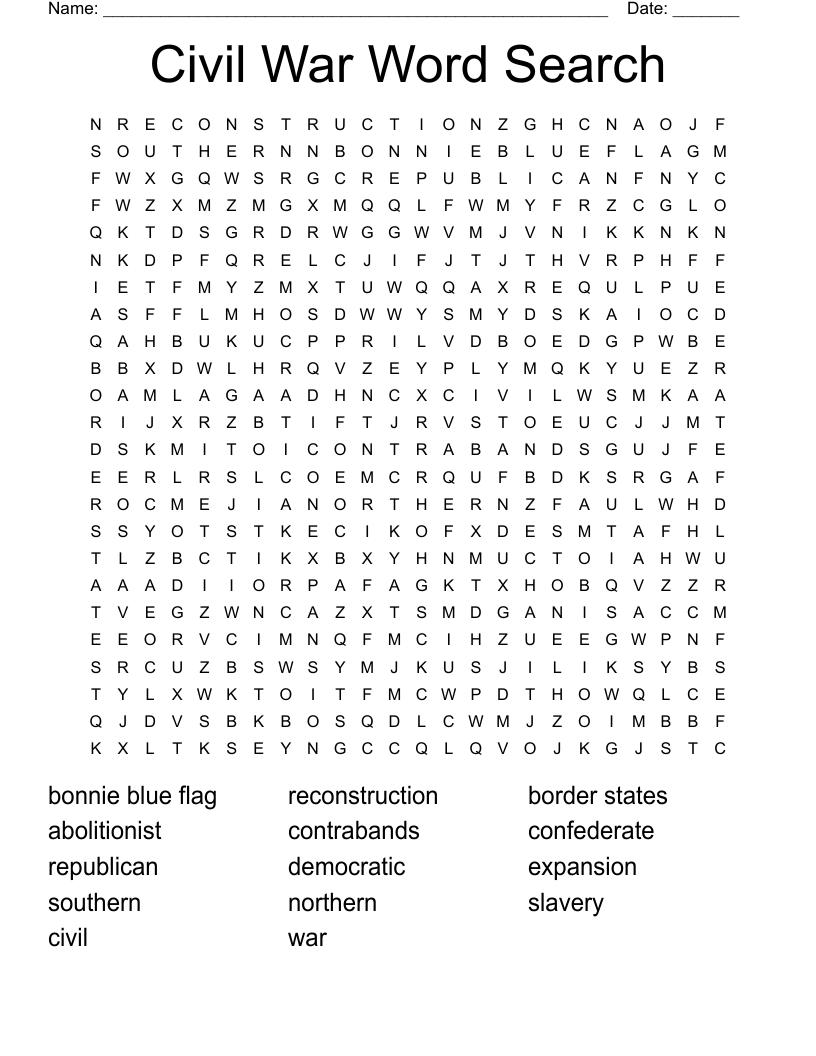 Civil War Word Search - WordMint