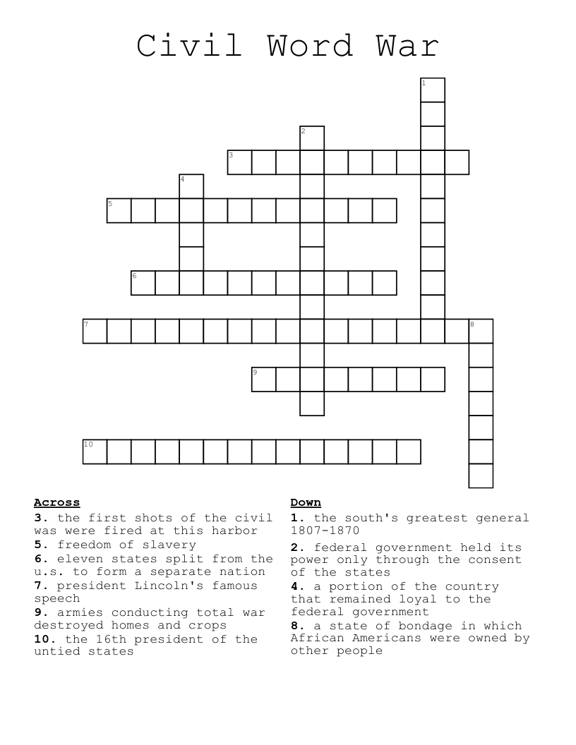 Civil Word War Crossword - WordMint