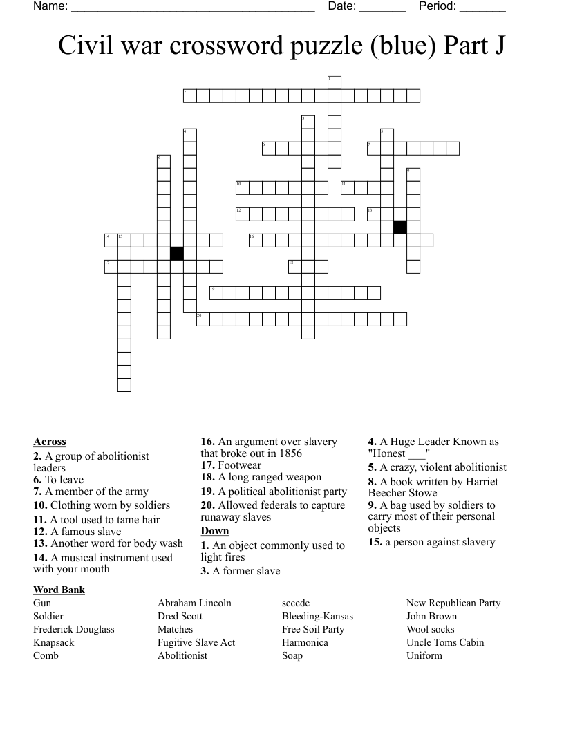 Civil war crossword puzzle (blue) Part J - WordMint