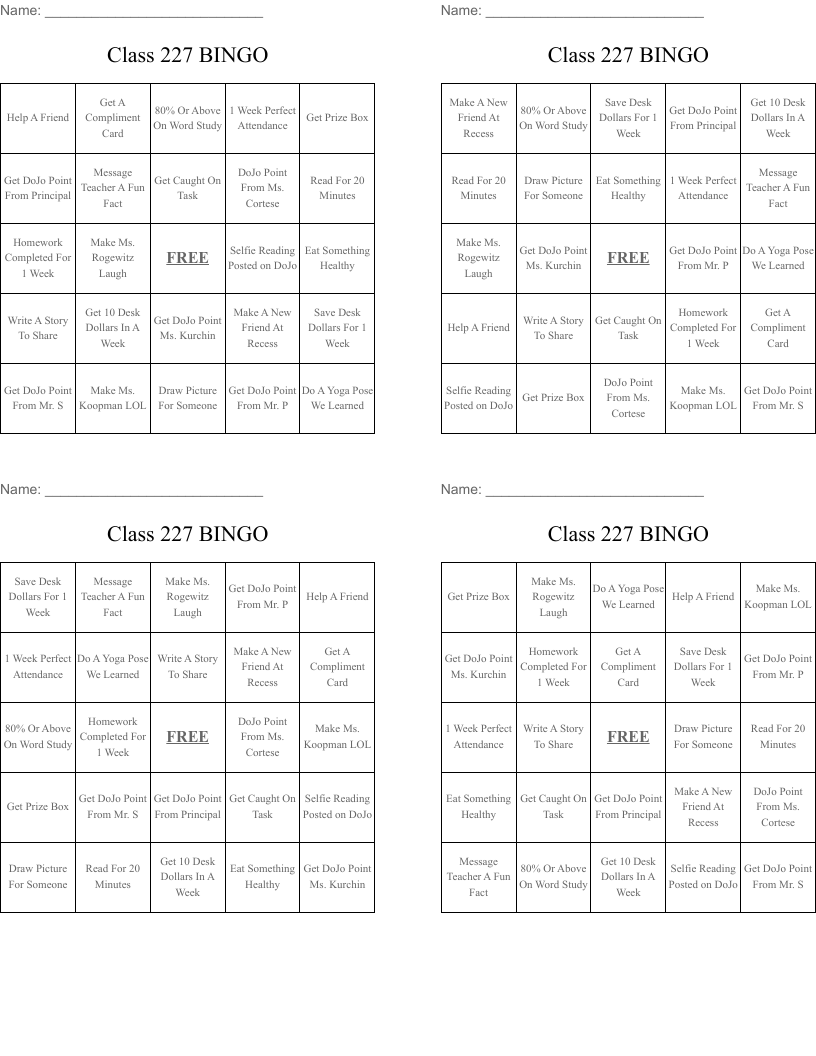 Class 227 BINGO - WordMint