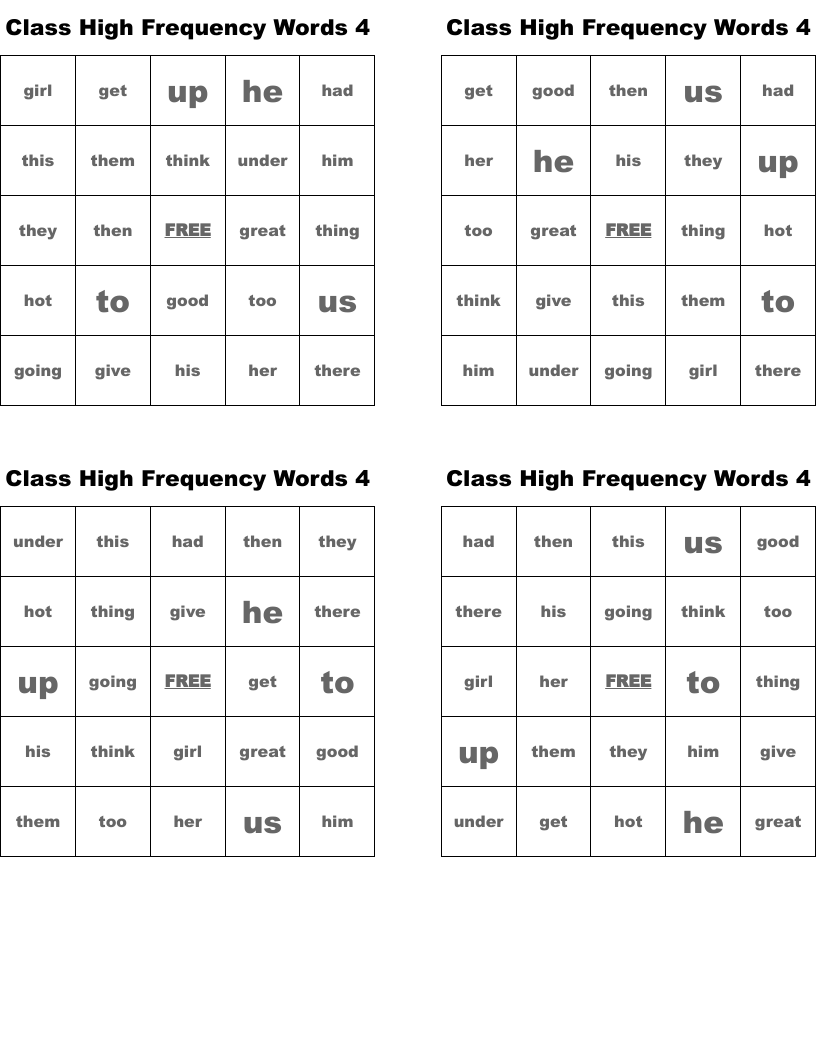 Class High Frequency Words 4 Bingo Cards - WordMint