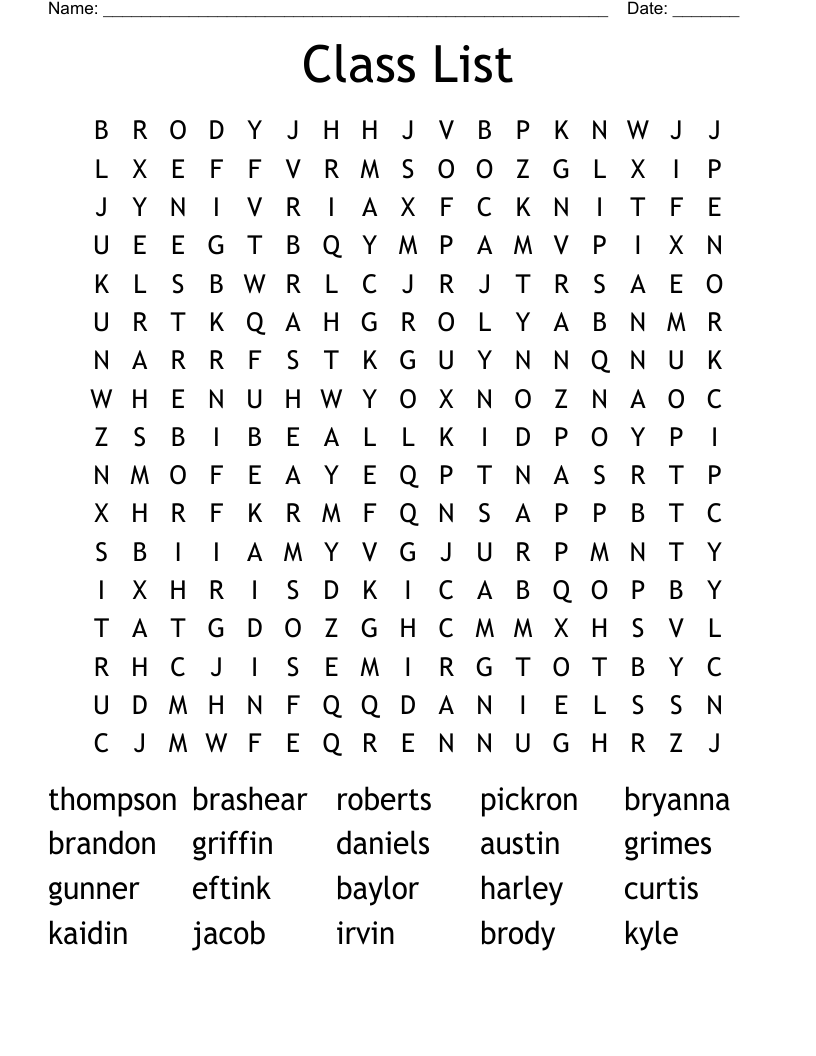 Class List Word Search - WordMint