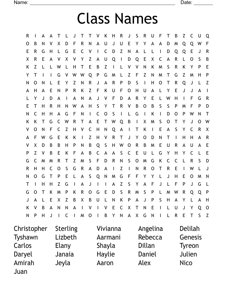 Class Names Word Search WordMint