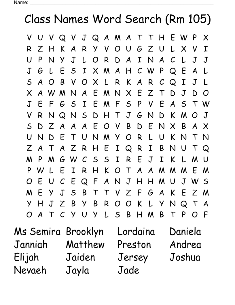 Class Names Word Search (Rm 105) - WordMint