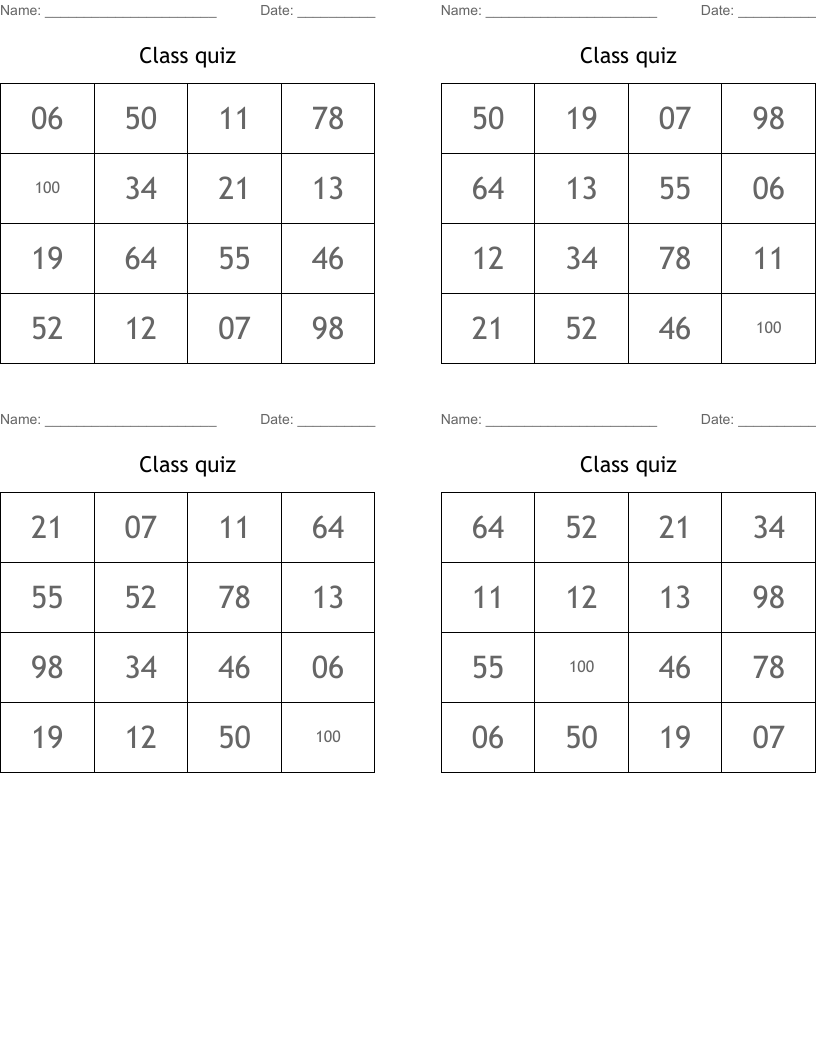 Class quiz Bingo Cards - WordMint
