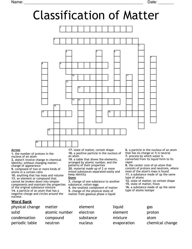 Classification of Matter Crossword - WordMint