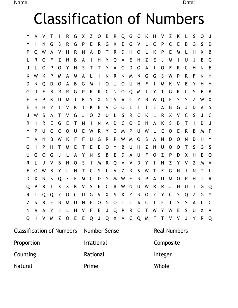 Classification of Numbers Word Search - WordMint