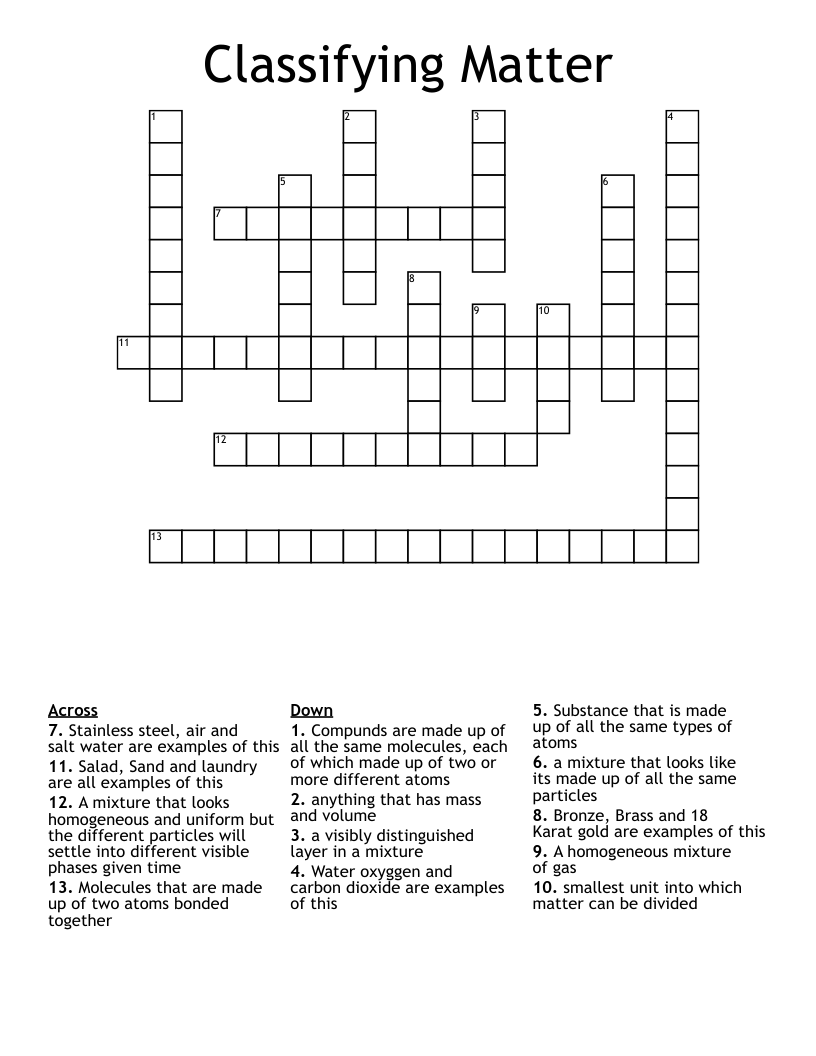 Classifying Matter Crossword - WordMint