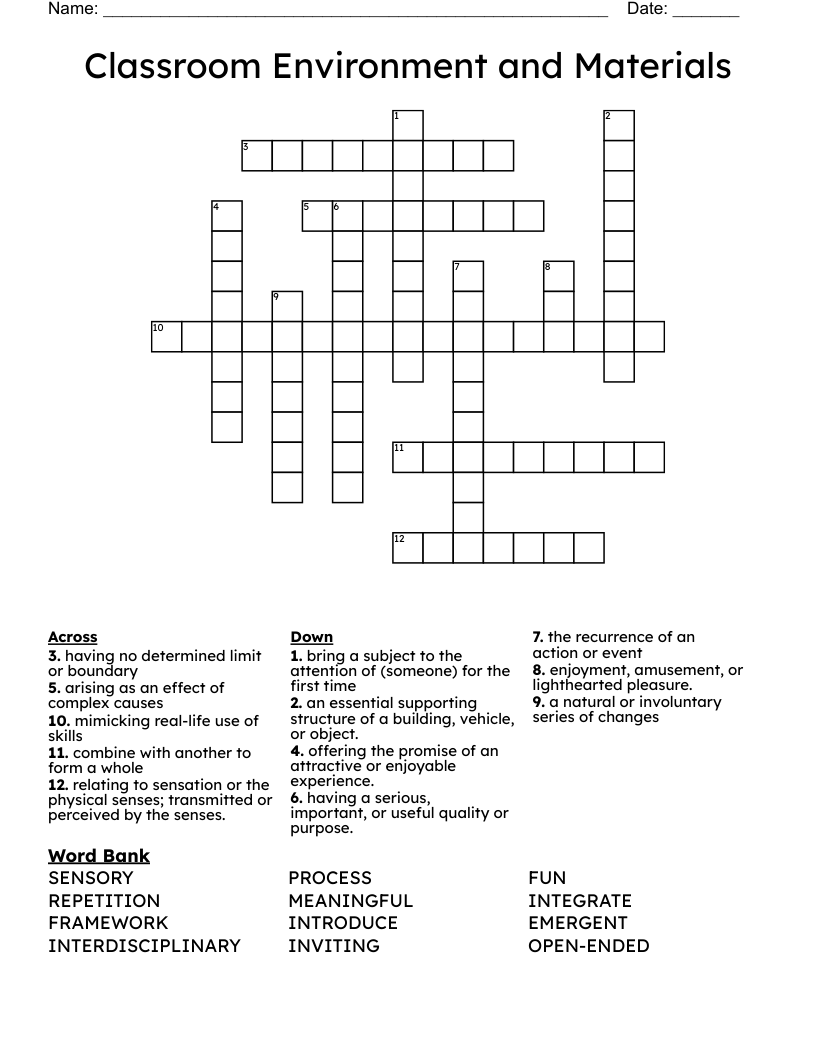 Classroom Environment and Materials Crossword - WordMint
