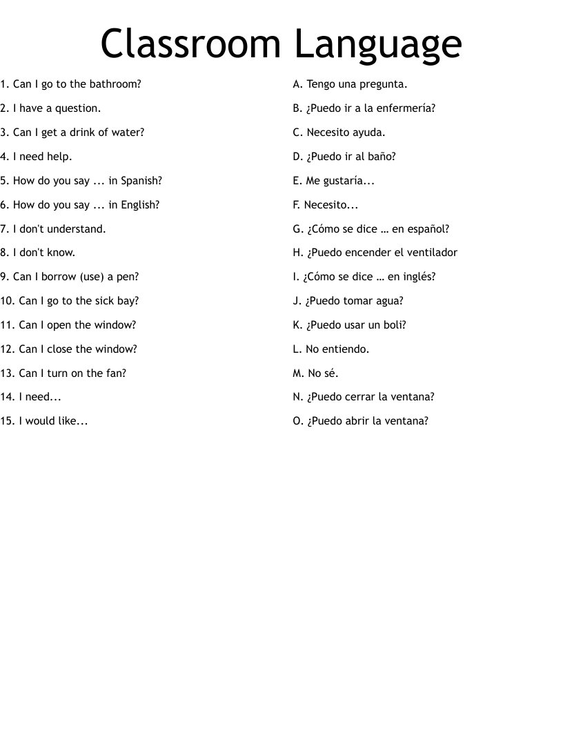 Classroom Language Worksheet WordMint