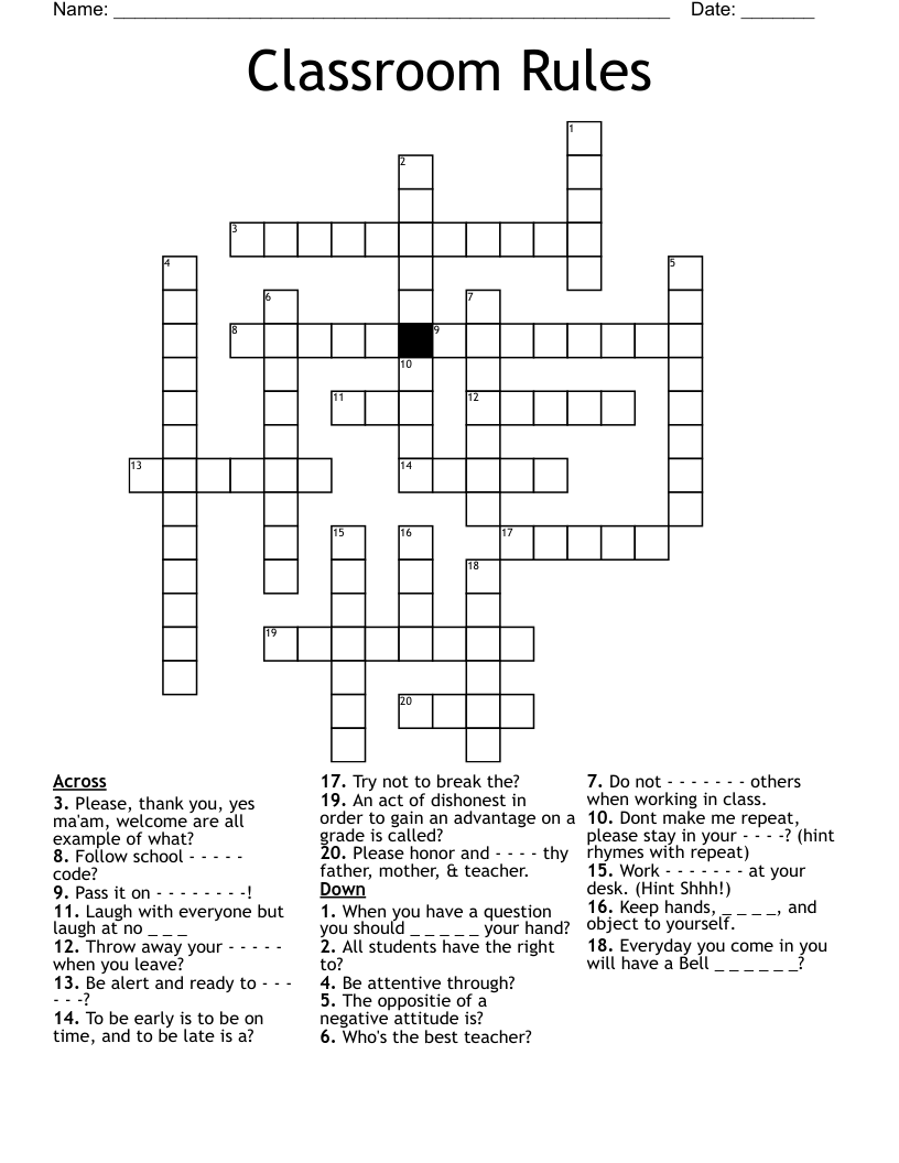Classroom Rules Crossword WordMint
