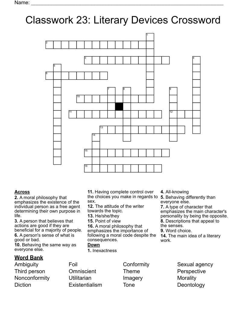 Classwork 23: Literary Devices Crossword - WordMint