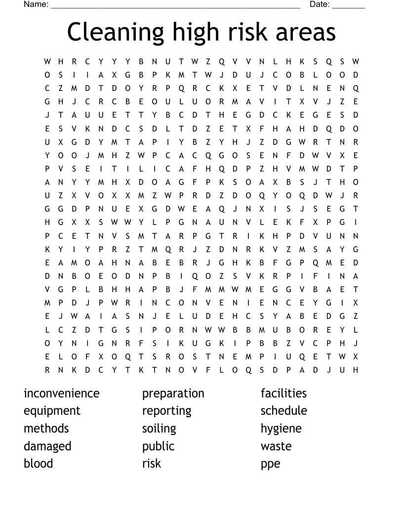 Cleaning high risk areas Word Search - WordMint
