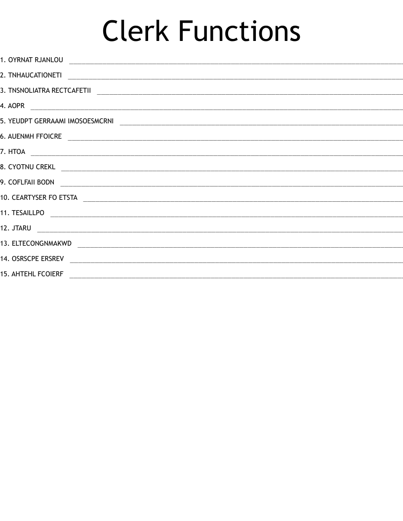 Clerk Functions Word Scramble - WordMint