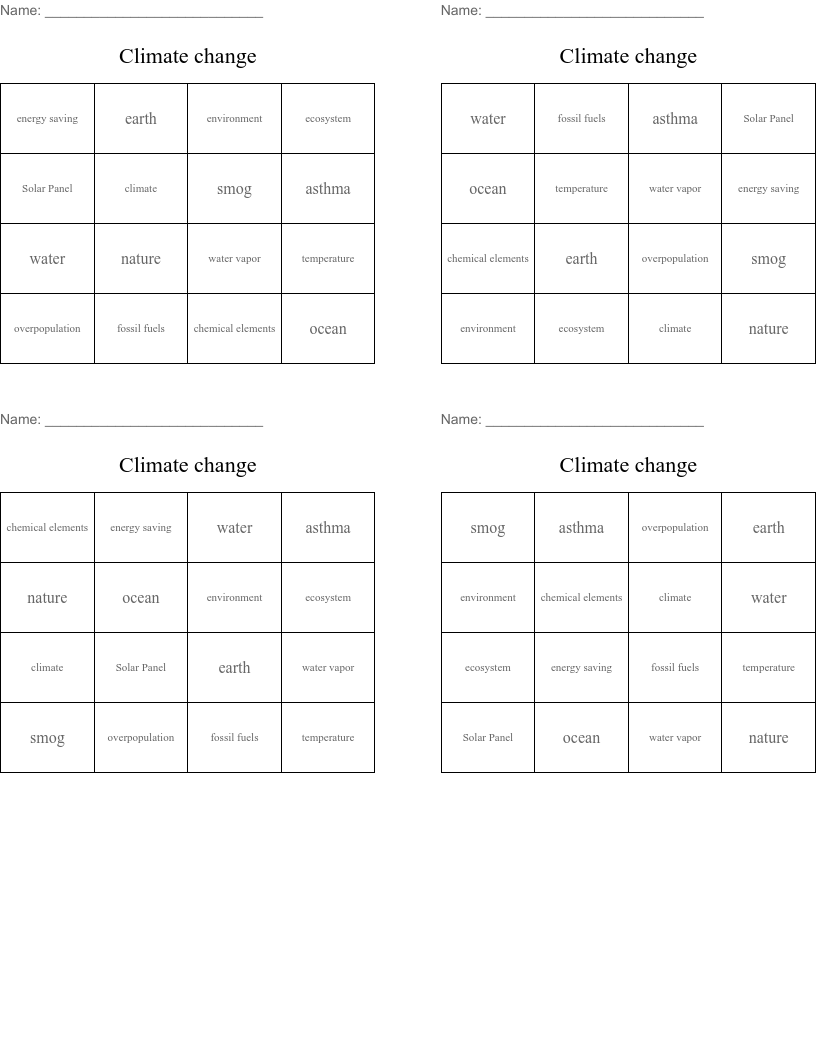 Climate change Bingo Cards - WordMint