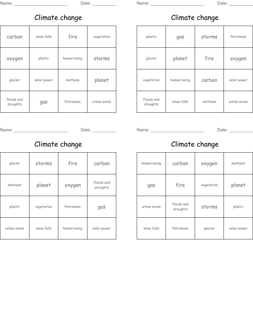 Climate change Bingo Cards - WordMint