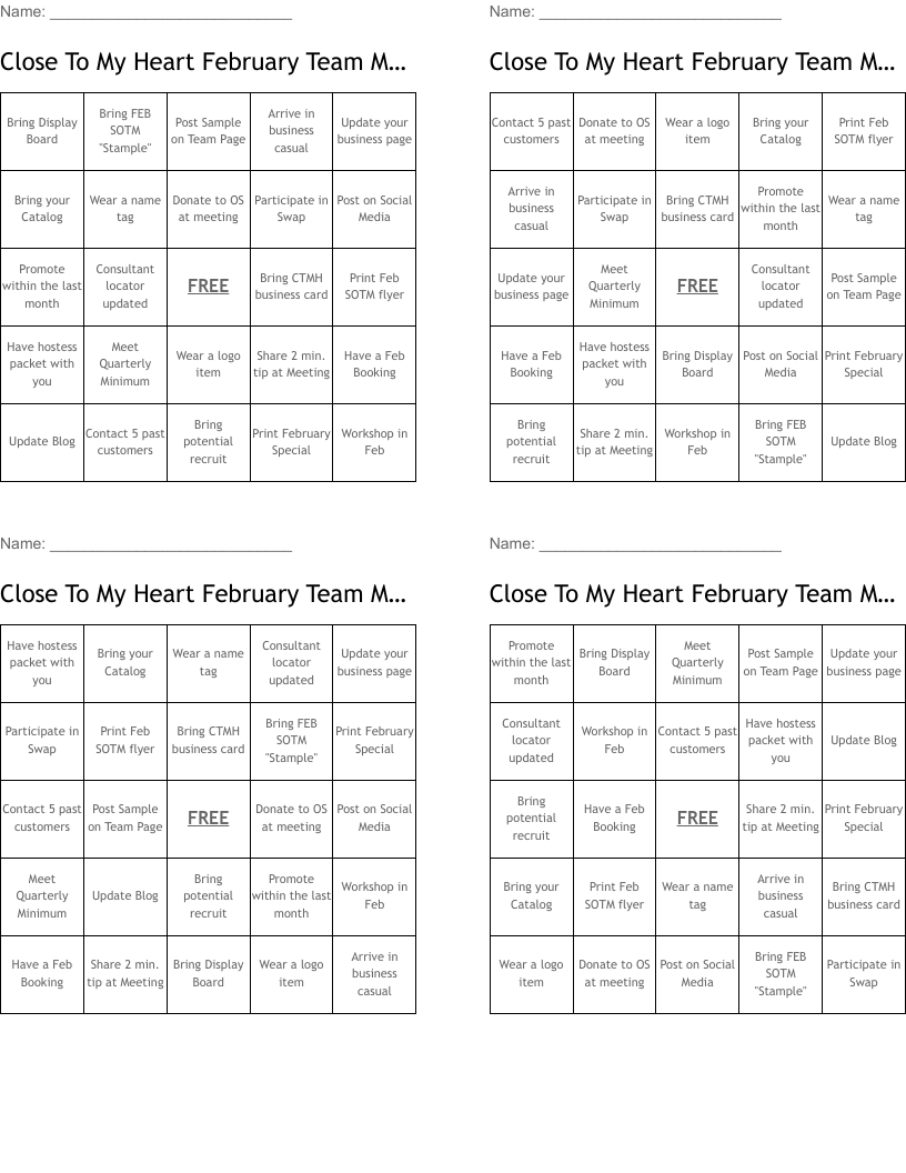 Close To My Heart February Team Meeting Bingo Cards - WordMint
