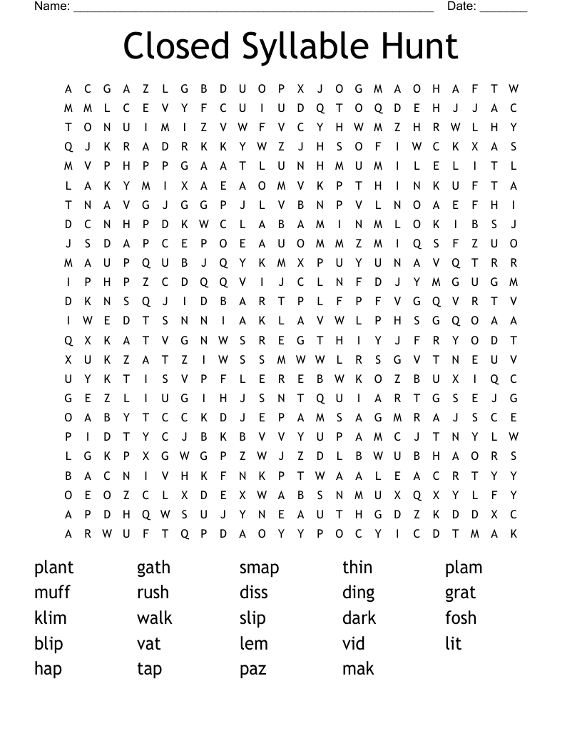 Closed Syllable Hunt Word Search - WordMint